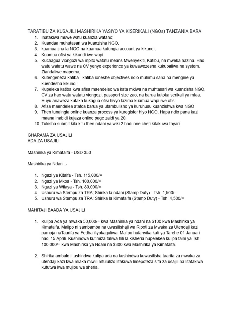 Taratibu Za Kusajili Mashirika Yasiyo Ya Kiserikali (Ngos) Tanzania Bara | PDF