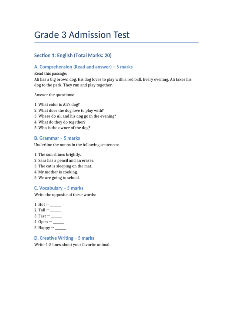 Grade 3 Admission Test | PDF