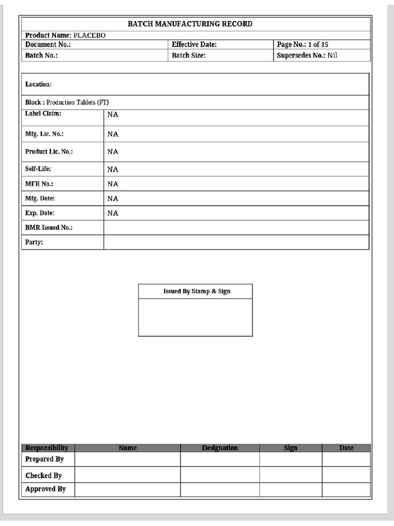 A Dummy Batch BMR For Reference, Portrait Type | PDF