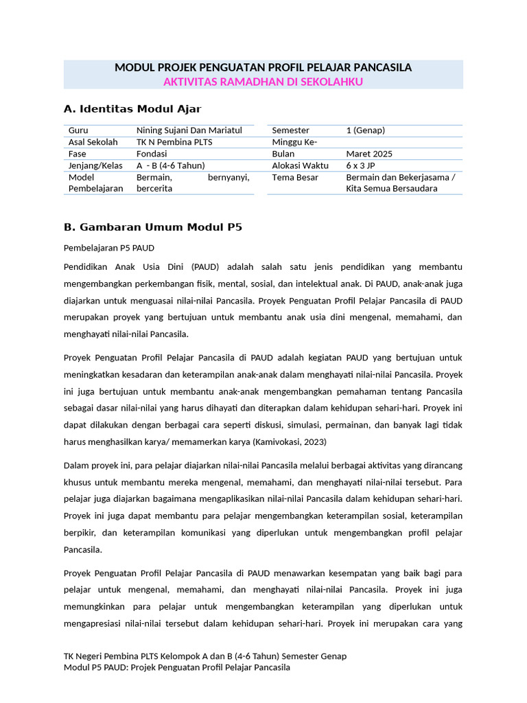Modul Ajar P5 - Ramadhan - TKNPMBPLTS | PDF