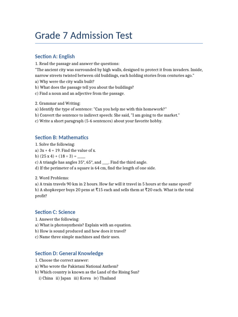 Grade 7 Admission Test | PDF