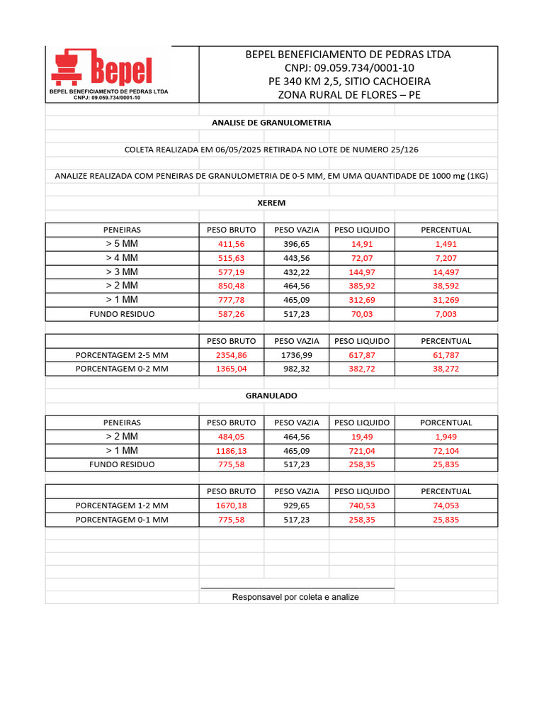 Analise de Granulometria Bepel - 060525 | PDF