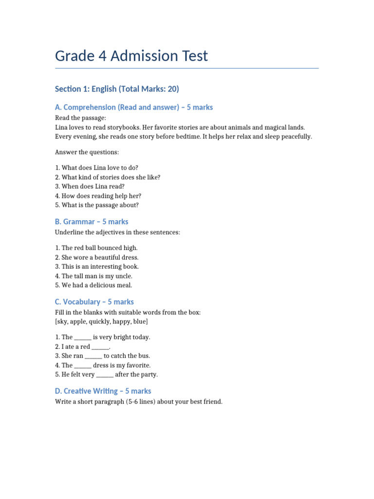 Grade 4 Admission Test Overview | PDF