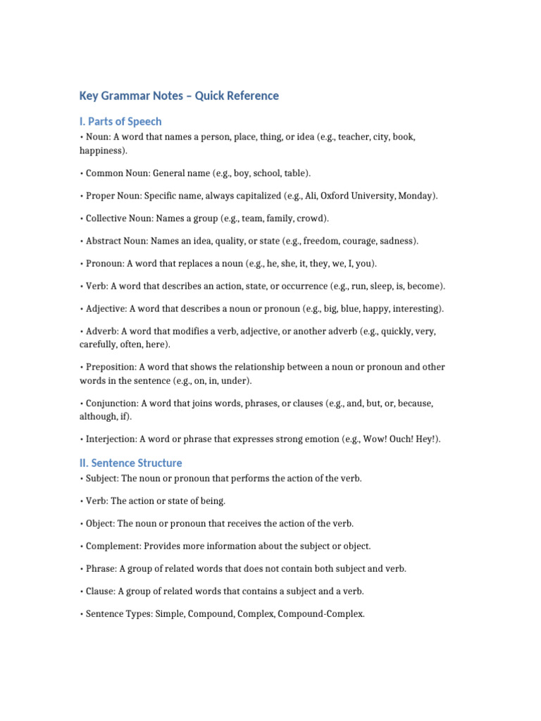 Grammar Quick Reference Notes | PDF