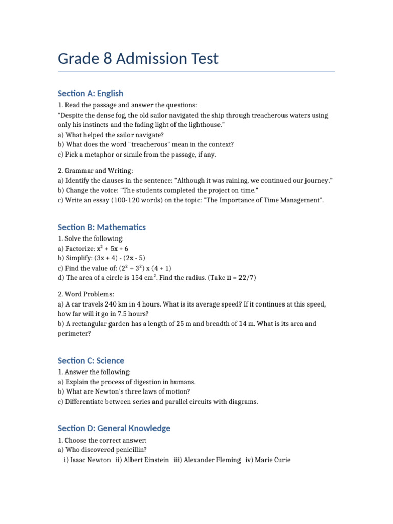 Grade 8 Admission Test Overview | PDF