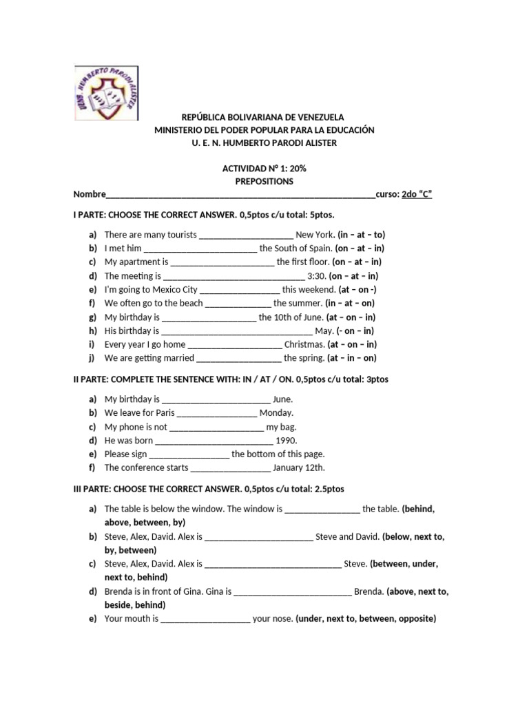 Evaluacion Prepositions 2do C | PDF | Semántica | Relaciones sintácticas