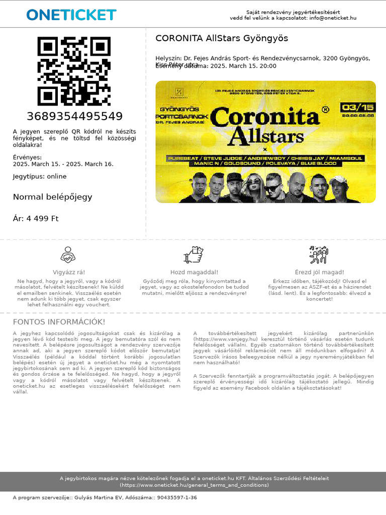 Coronita Allstars Gyöngyös: Normal Belép Jegy | PDF