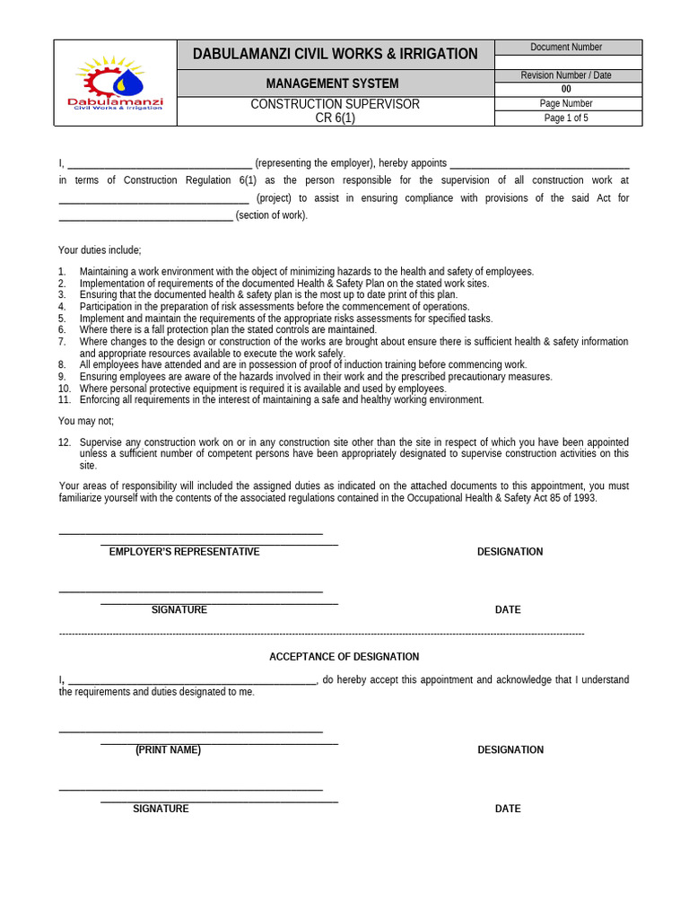 Construction Supervisor Responsibilities | PDF | Occupational Safety ...