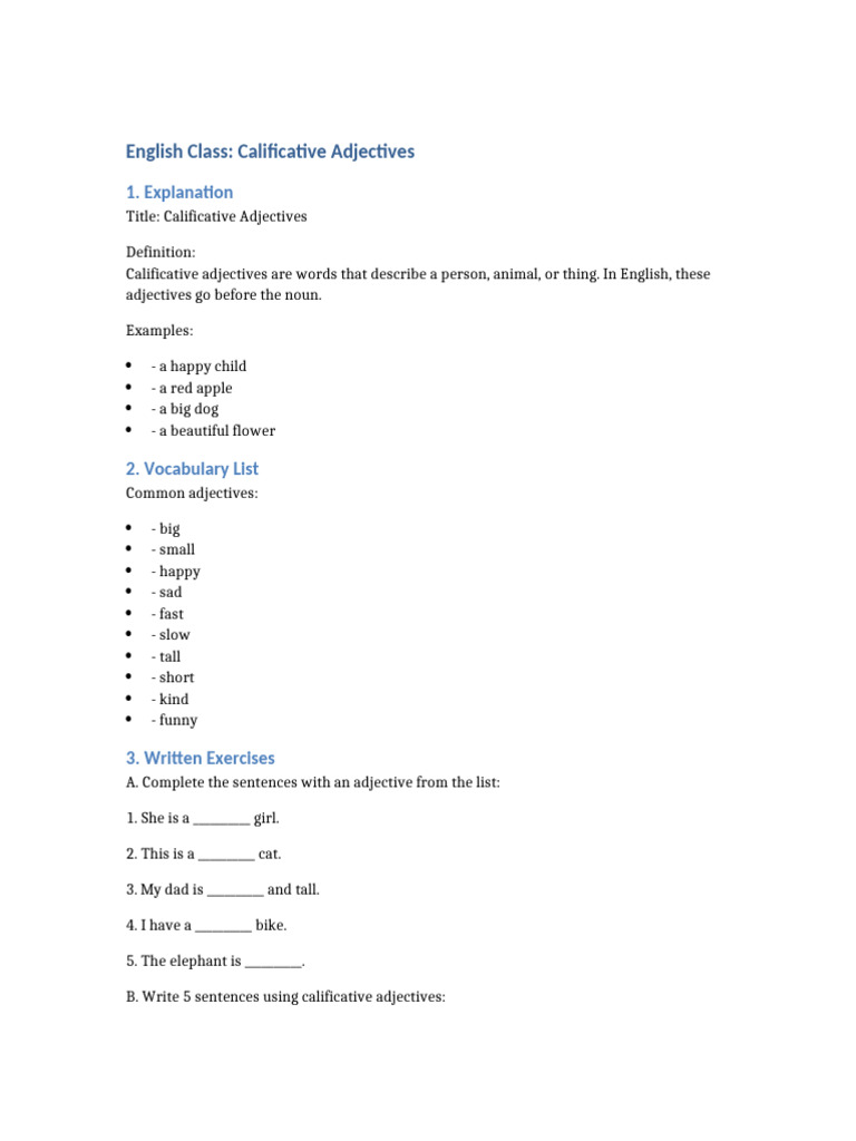Calificative Adjectives Class | PDF