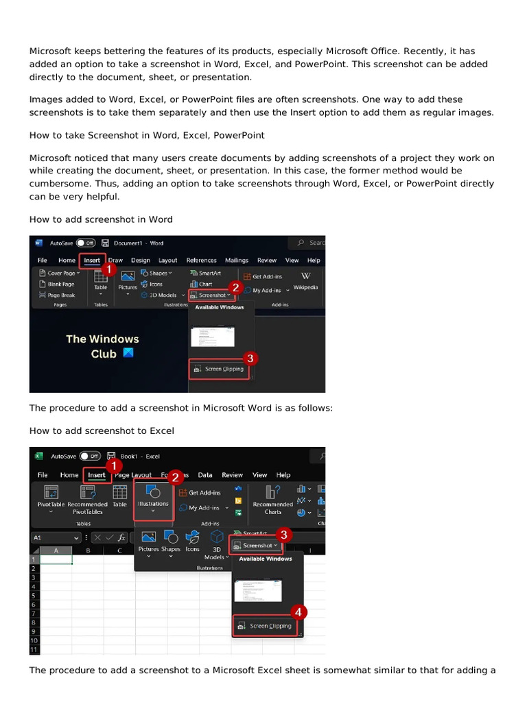 How To Take Screenshot in Word, Excel, PowerPoint | PDF | Microsoft Word | Microsoft Excel