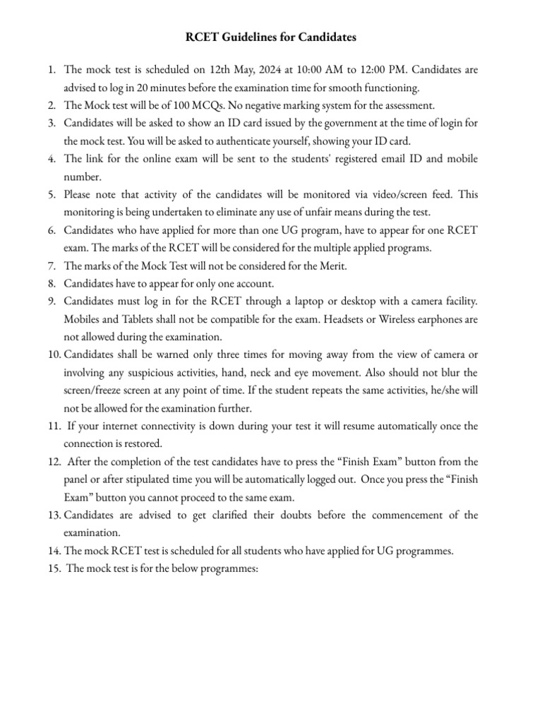 RCET 2024 Mock Test Guidelines | PDF