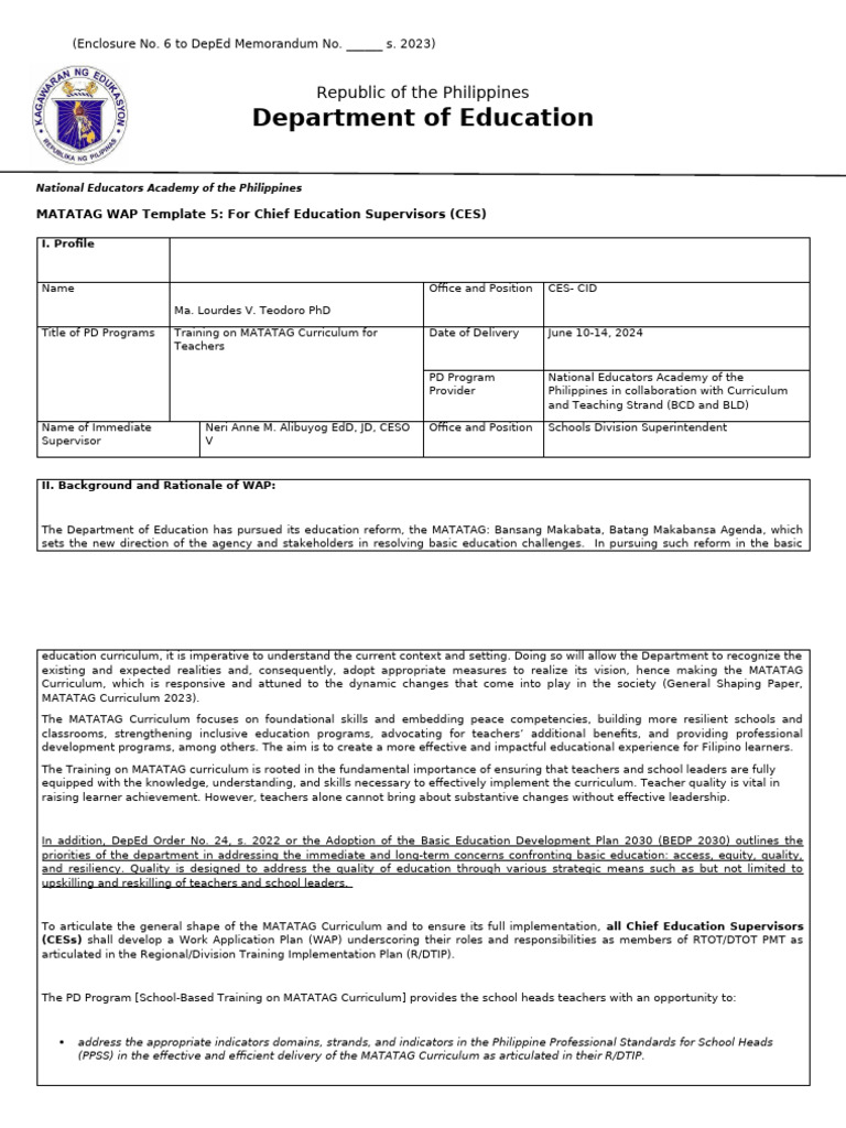 Final - MATATAG WAP Template 5 - For Chief Education Supervisors ...