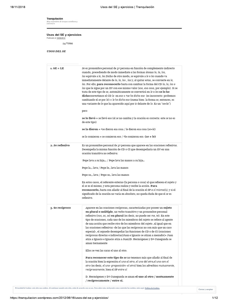 Usos Del SE y Ejercicios - Tranquilación | PDF | Asunto (gramática) | Verbo