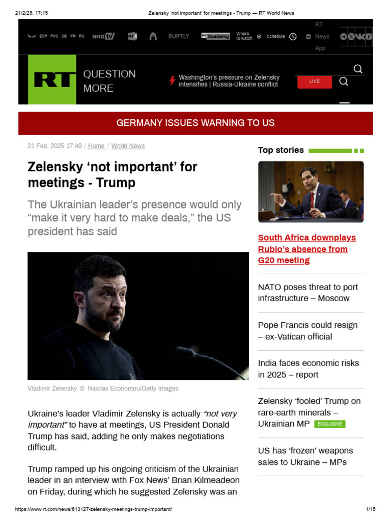 Zelensky Not Important' For Meetings - Trump - RT World News | PDF | Rt ...