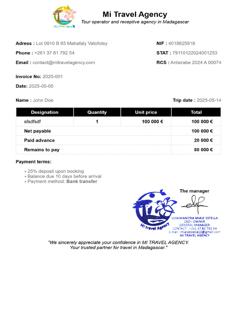 John Doe Invoice 2025 001 Mi Travel Agency | PDF