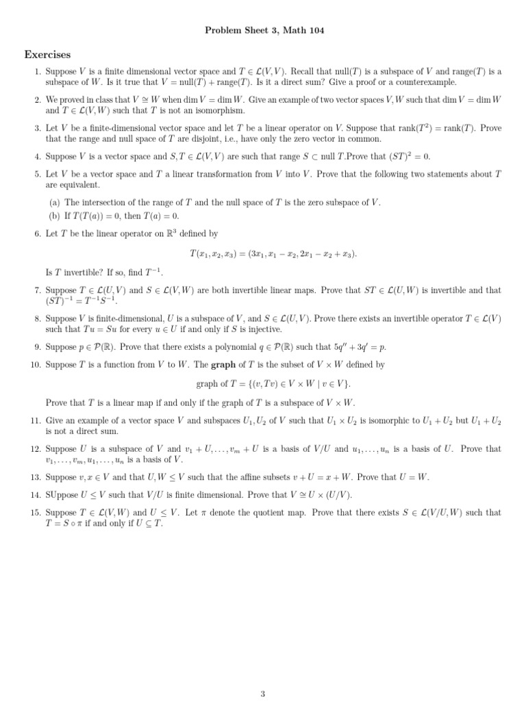 Problem Sheet 3 | PDF | Linear Subspace | Linear Map