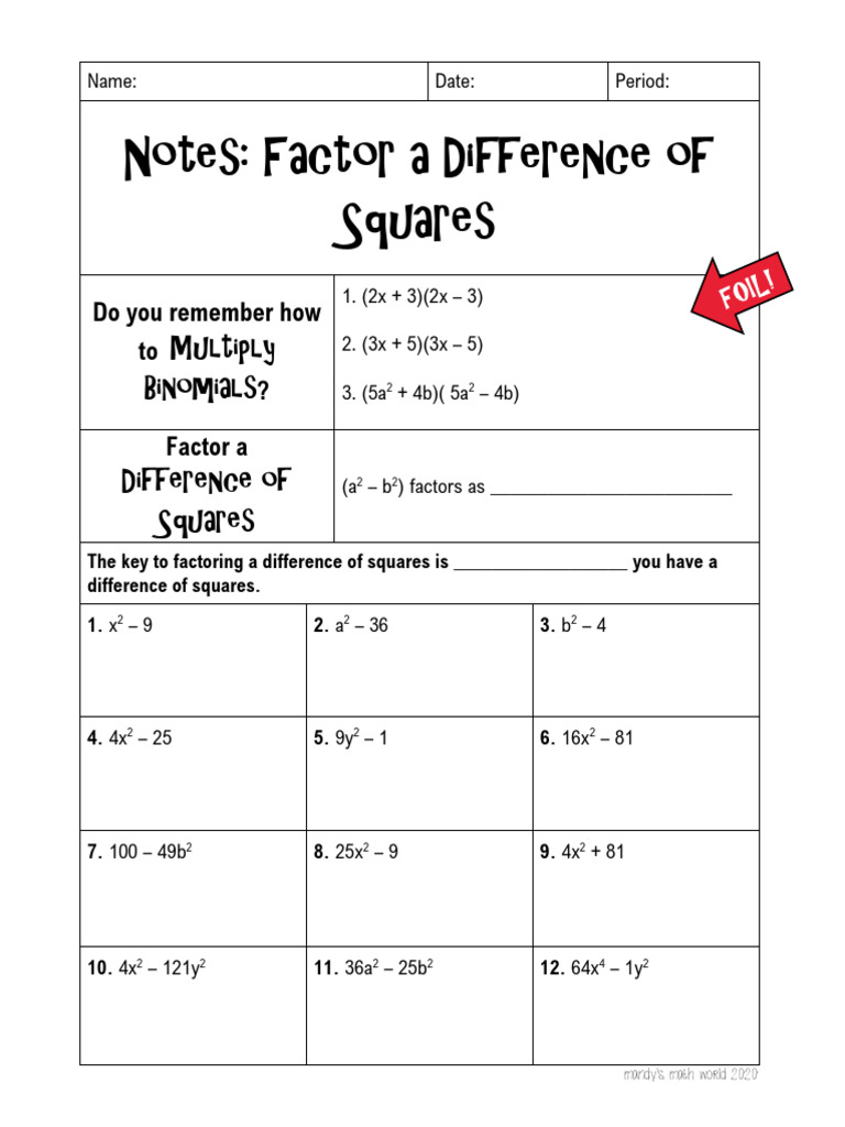 7.4.2 Factor A Difference of Squares Packet | PDF | Mathematics ...