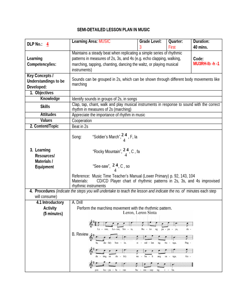 DLP Music Grade 3 Melc Based Week 4-8 | PDF | Rhythm | Learning