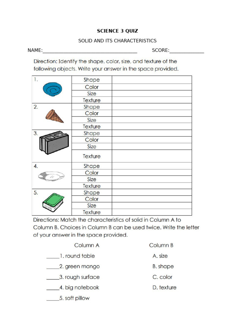SCIENCE 3 QUIZ (Solid and Its Characteristics) | PDF
