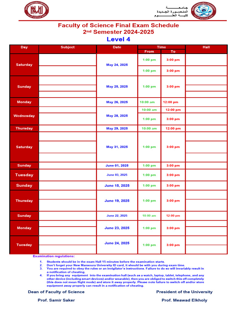 Faculty of Science Final Exam Schedule - 2nd - Term - Level - 4 - 2025 ...