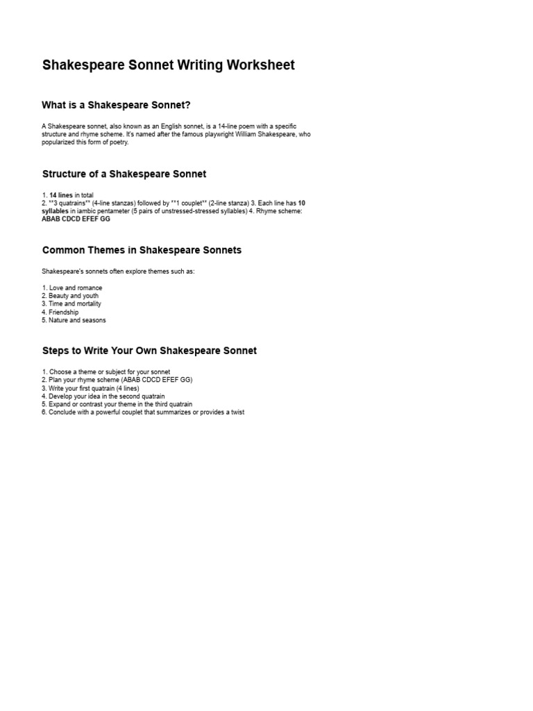 Shakespeare Sonnet Writing Guide | PDF | Sonnets | Poetry
