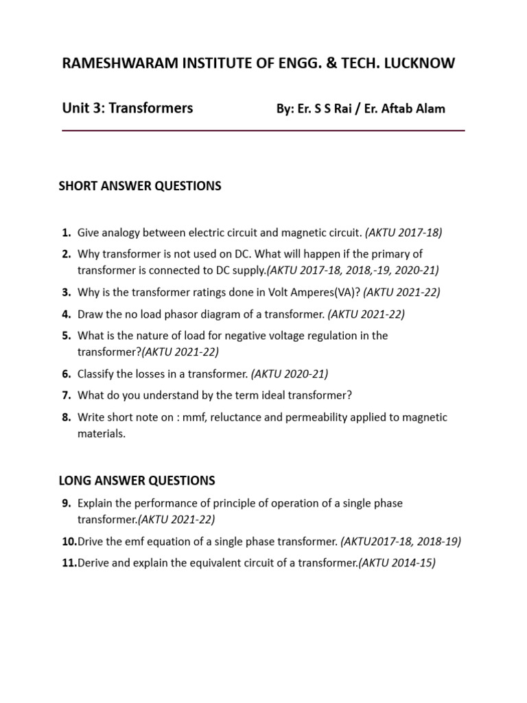 Unit 3 - Transformers (Important Questions) | PDF | Transformer | Electricity
