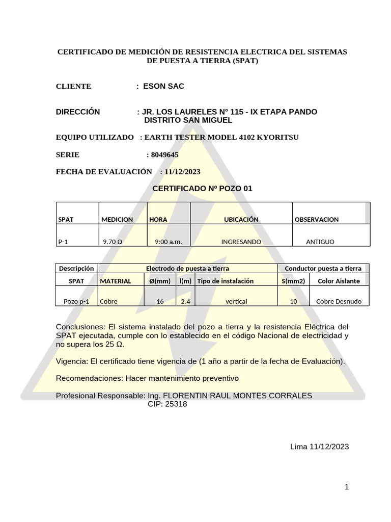 Certificado de Pozo A Tierra Eson Sac | PDF