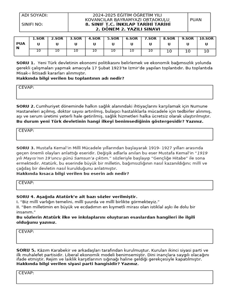 2024 2025 8. Sinif T.C. Inkilap Tarihi 2. Donem 2. Yazili 10 Soruluk | PDF
