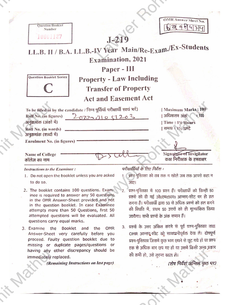 Tpa Transfer of Property Act 1882 Mcqs Paper 2021 | PDF