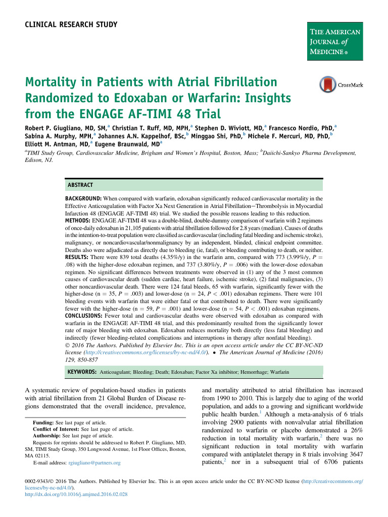Mortality in Patients With Atrial Fibrillation Randomized To Edoxaban ...