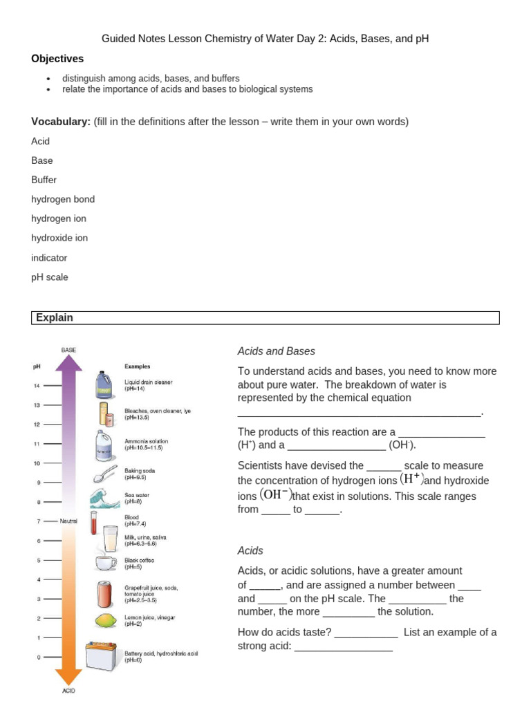 U1 Chemistry of Water Acids, Bases, PH Guided Notes | PDF | Ph | Acid