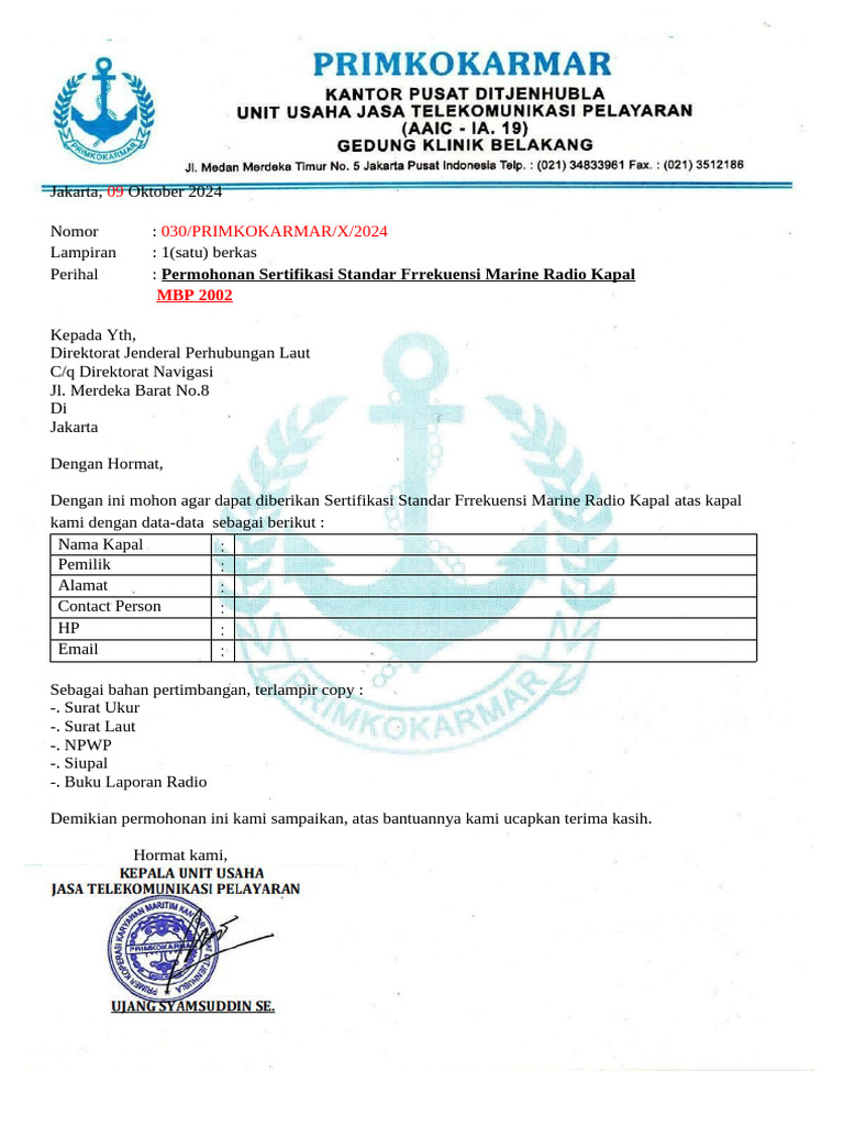 Form Surat Permohonan Sertifikasi Standar Radio Kapal (Rekom) | PDF