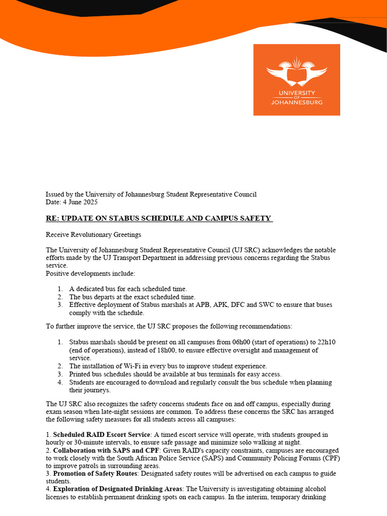 UJ Stabus Schedule Update 2025 | PDF | Bus