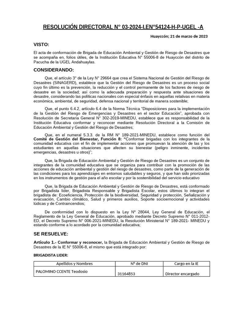 RD - Brigada de Ea y GRD (Modelo) | PDF | Reducción de Desastres | Riesgo