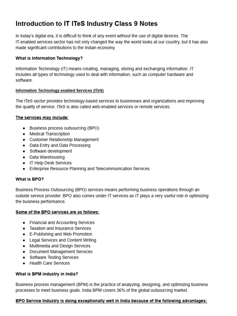 IT and ITeS Industry Overview for Class 9 | PDF | Outsourcing ...