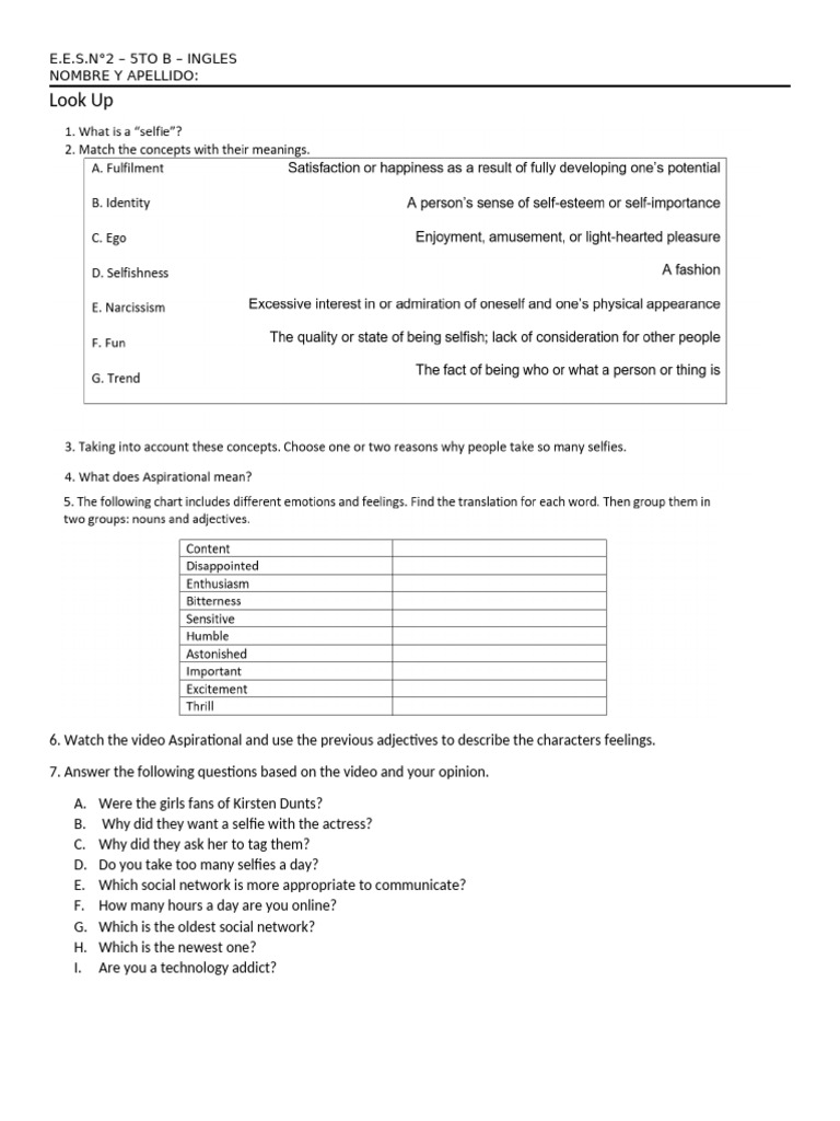 Selfie Worksheet | PDF