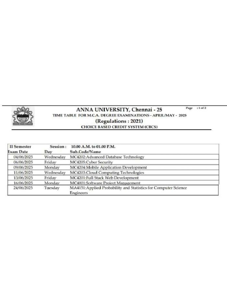 MCA University Exam Time Table | PDF