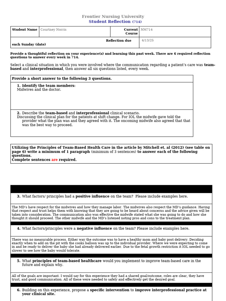 714 Reflection Form | PDF | Midwife | Medicine