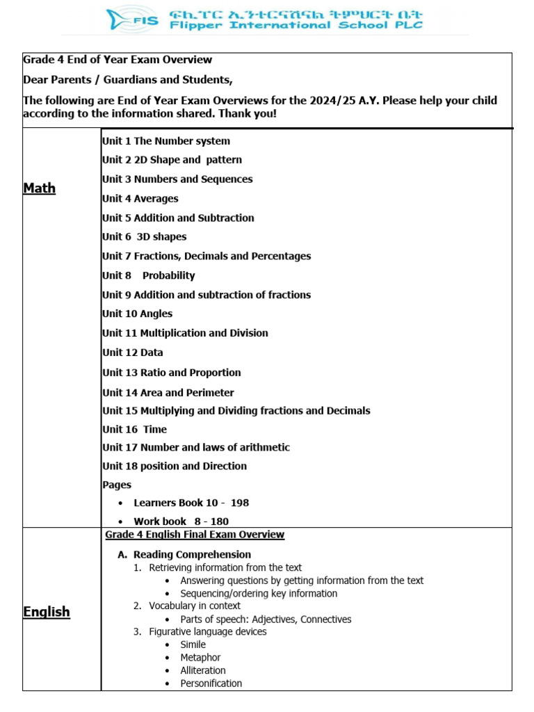 Grade 4 End of Year Exam Overview | PDF | Mathematics