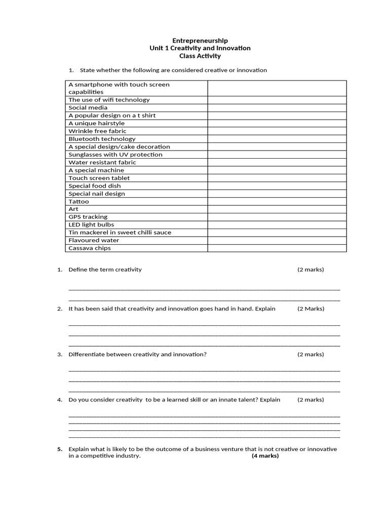 Creativity and Innovation Exercise | PDF