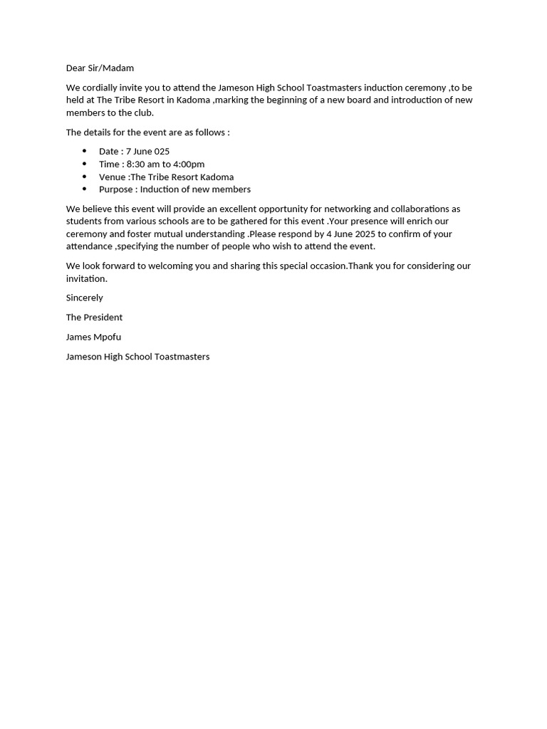 Jameson High School Induction Invite | PDF