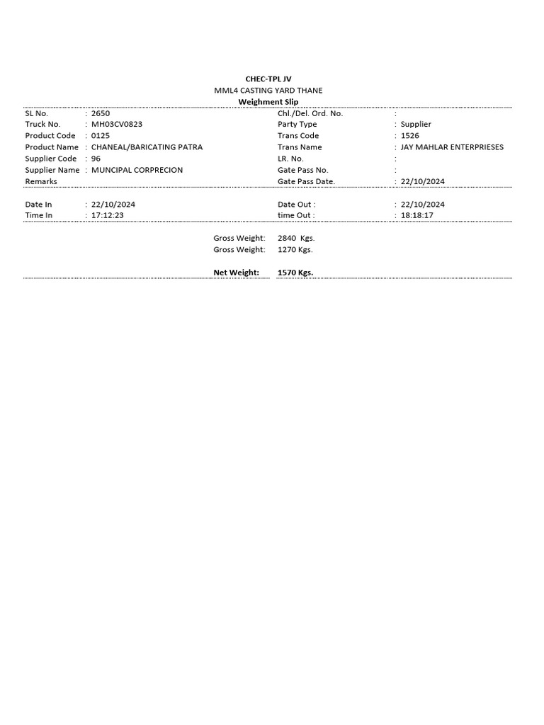 Chec-Tpl JV Weighment Slip | PDF