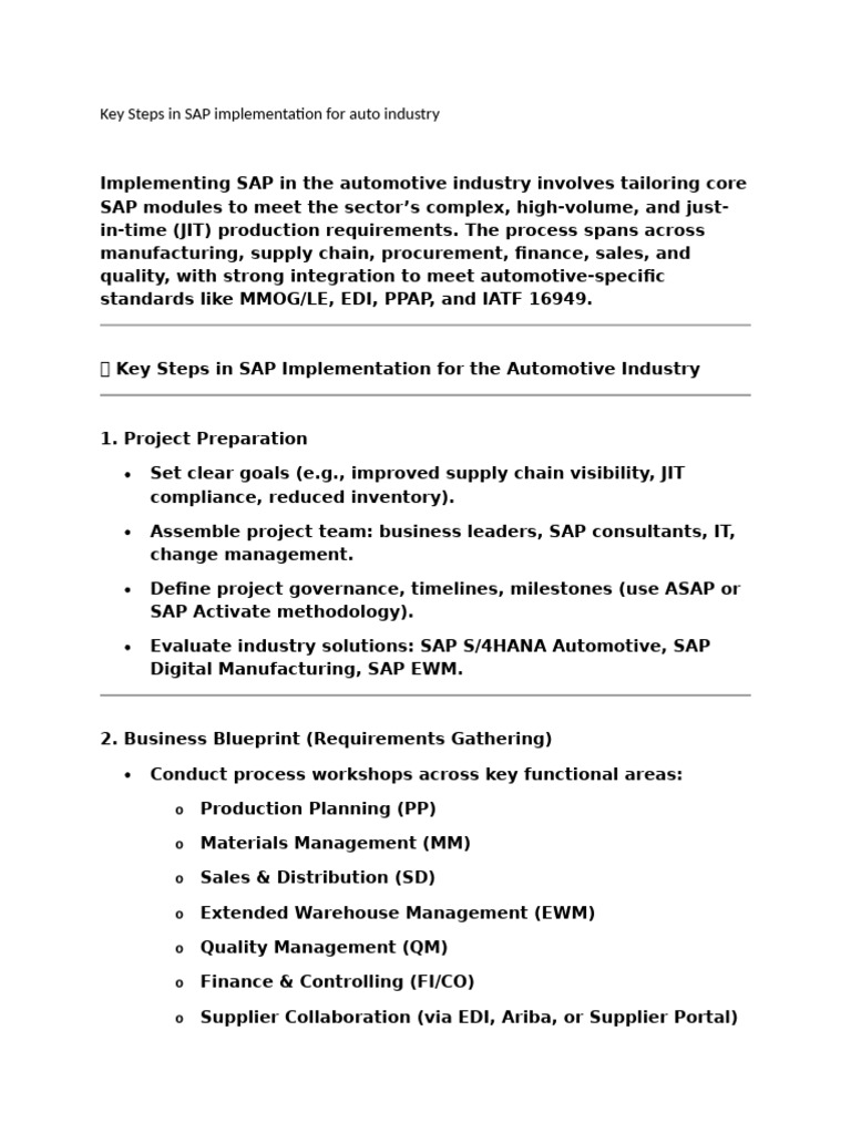SAP Implementation Steps for Auto Industry | PDF