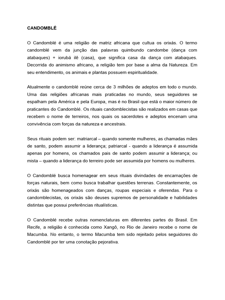 Candomblé: Religião Afro-Brasileira e Orixás | PDF | Fés religiosas