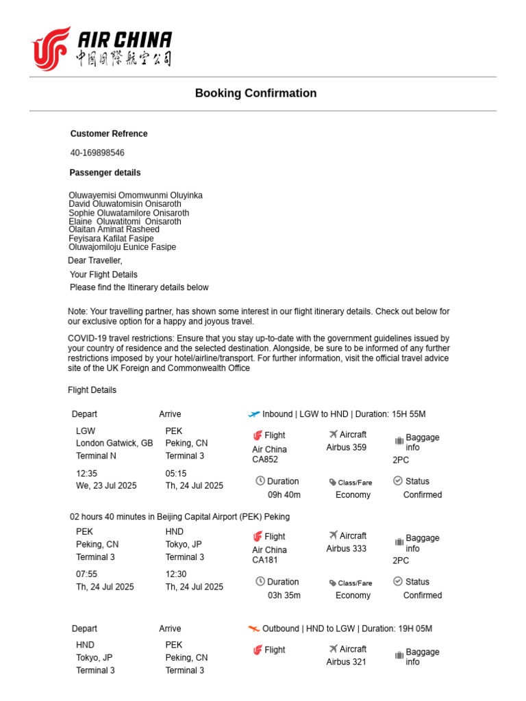 Air China Flight Itinerary Receipt | PDF | Aviation