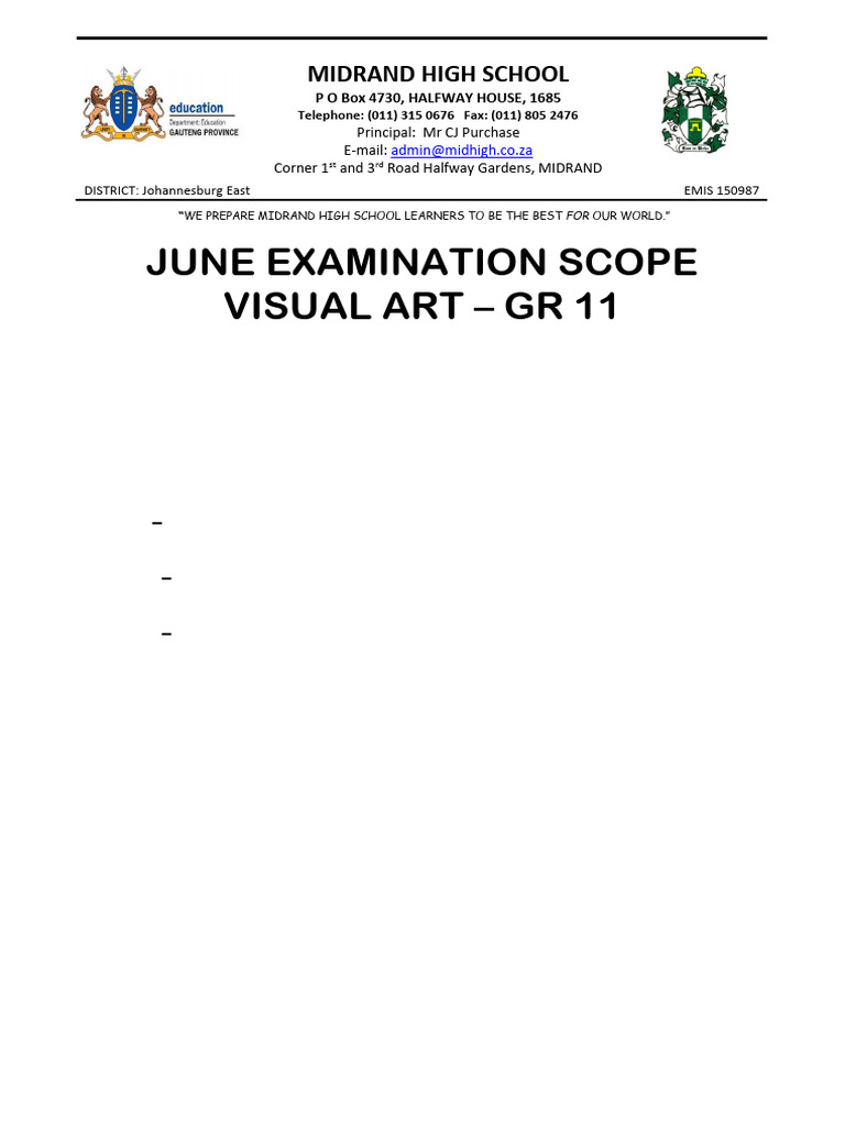 June Examination Scope Visual Art GR 11: Midrand High School | PDF