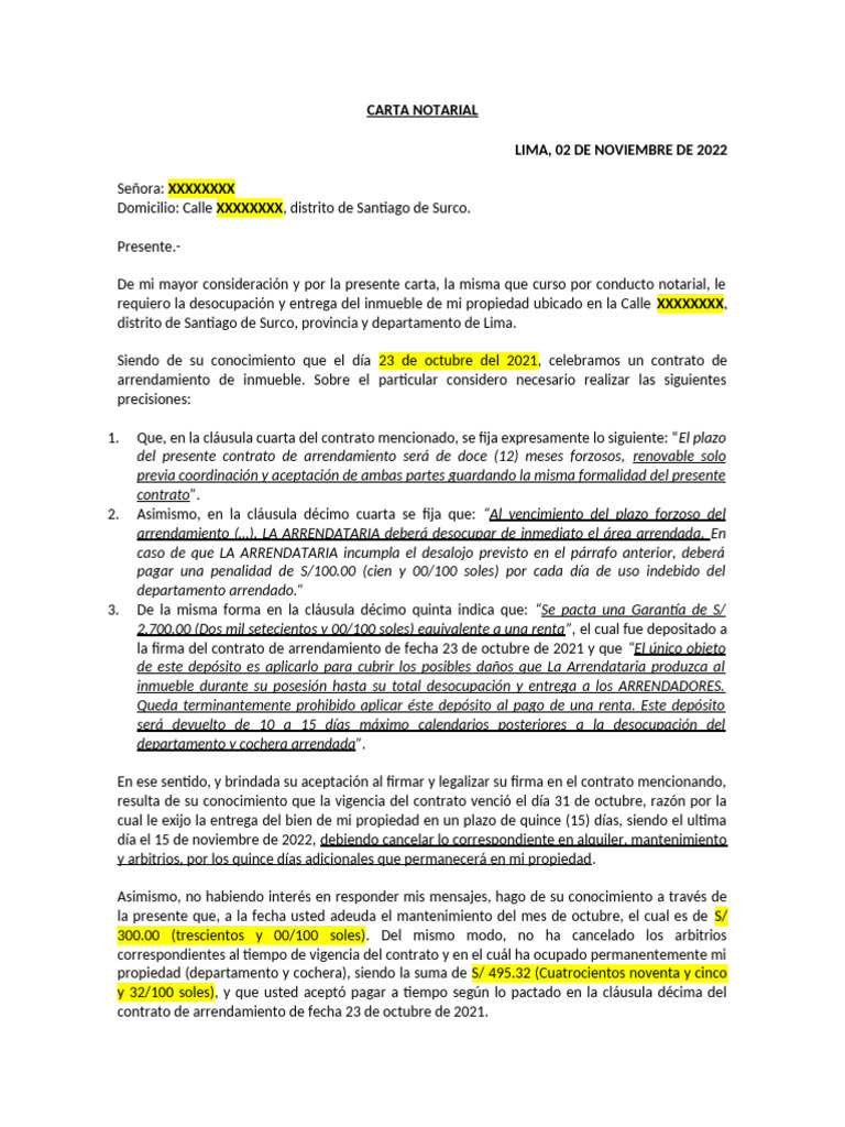 Modelo de Carta Notarial Primer Aviso de Desalojo | PDF