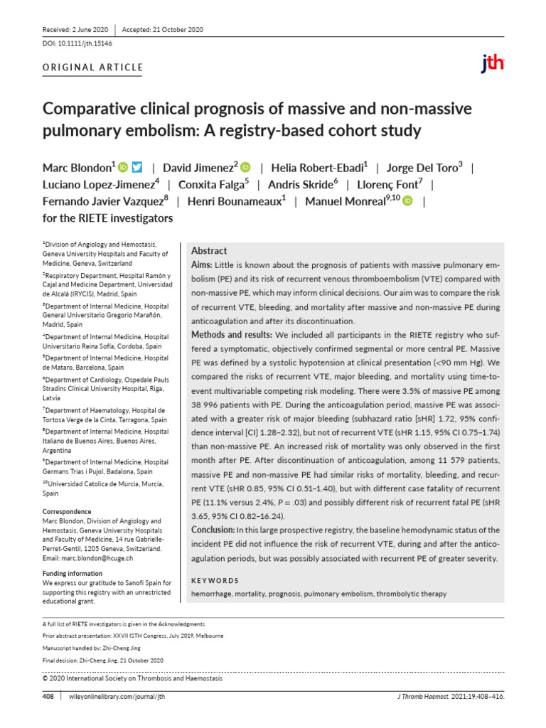 Prognosis of Massive vs Non-Massive PE | PDF | Blood Pressure | Medical ...