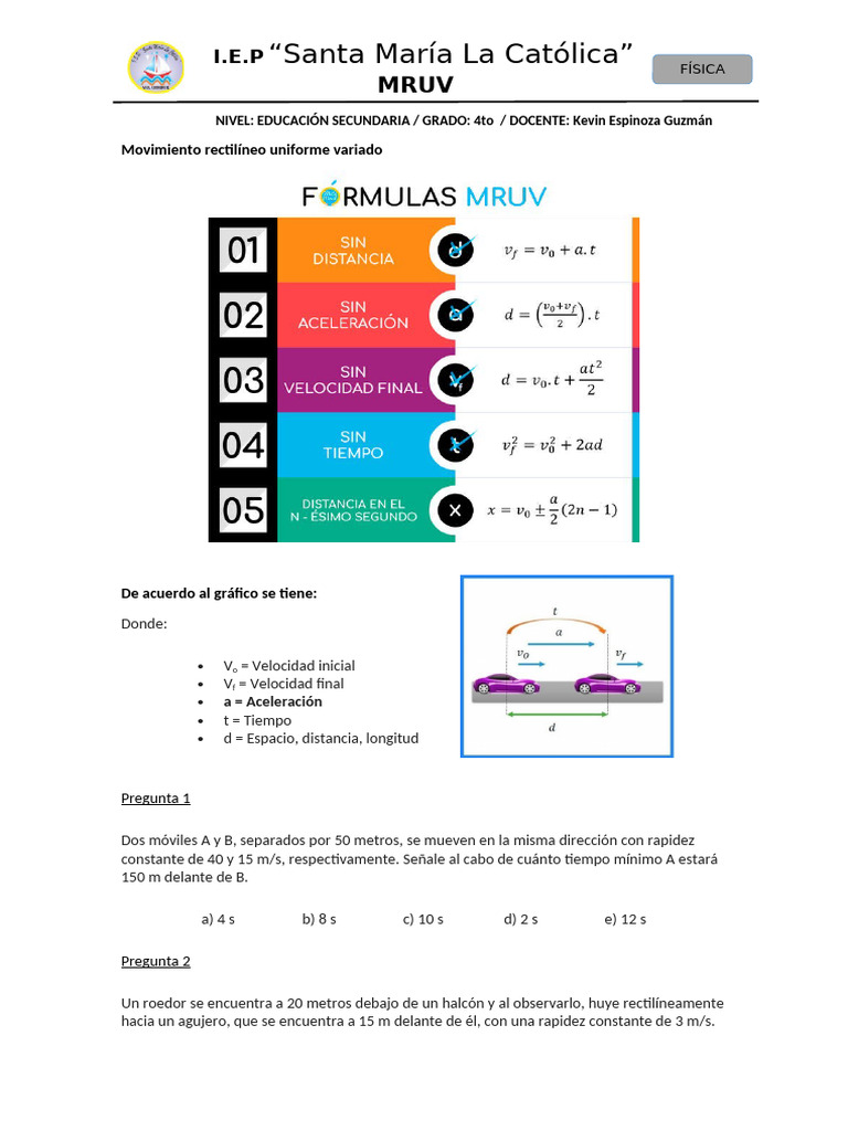 Mruv Ejercicios - Fisica - 4to | PDF