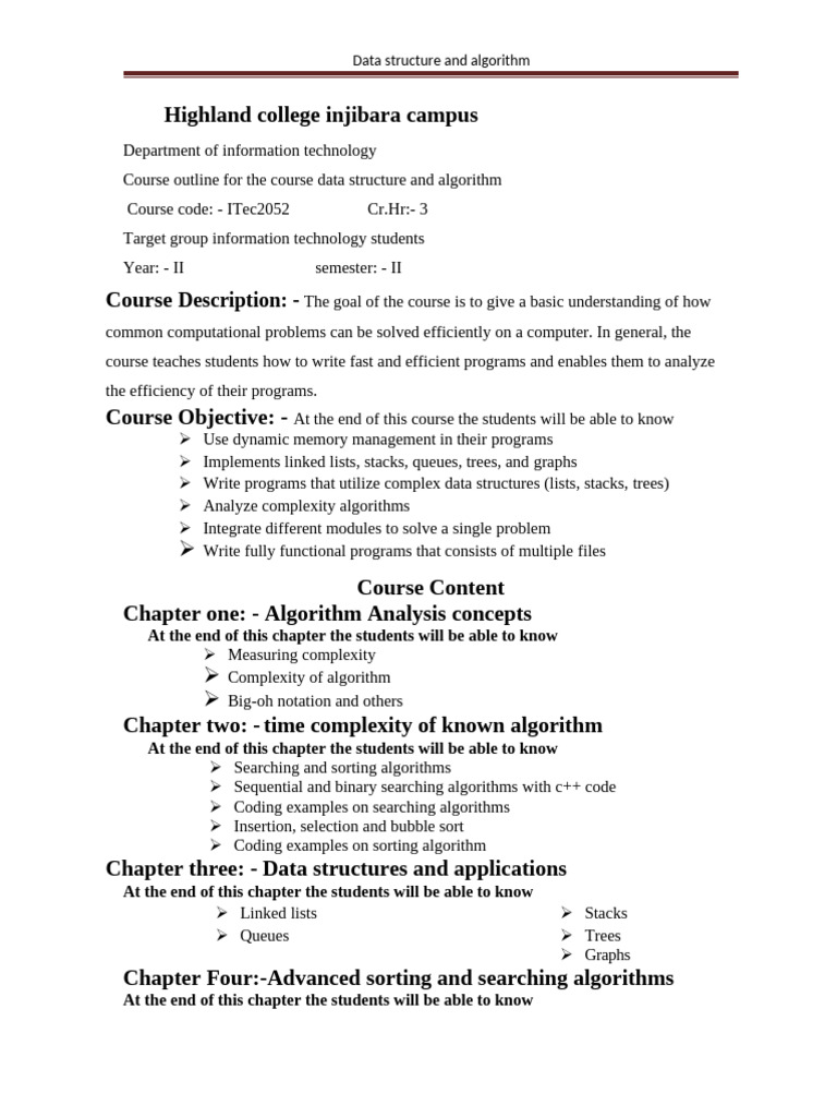 Data Structure and Algorithm Course Outline | PDF | Computer Program | Programming